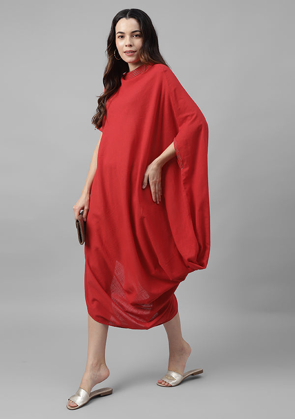 uNidraa | Aqua Calf Length Cotton Dress With Gathered Neckline