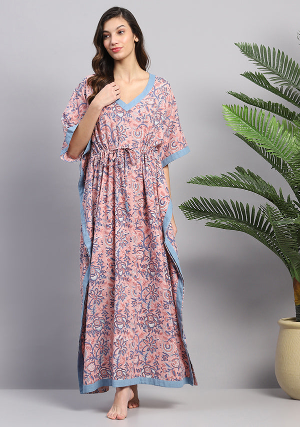 (Copy) Pink Smoke Blue Floral Hand Block Printed Tie-Up Waist Cotton K