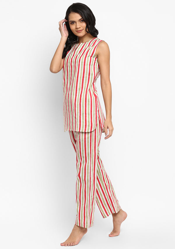 Red Green Hand Block Stripe Printed Sleeveless Cotton Night Suit