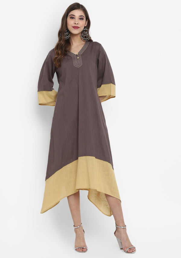 uNidraa | Grey Yellow Layered Side Tail Cotton Dress