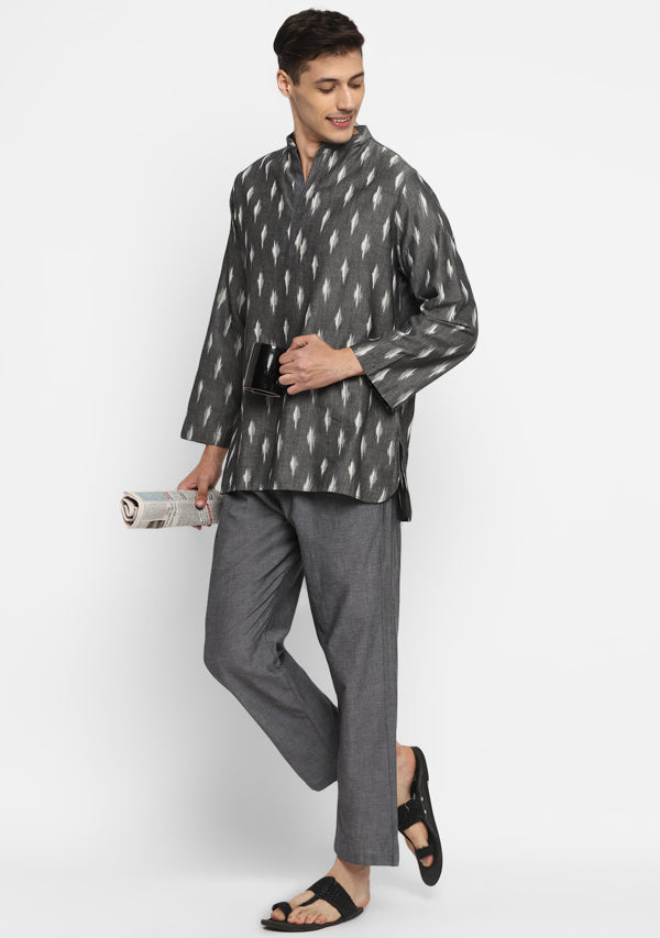 uNidraa | Grey Ivory Ikat Weave Cotton Shirt and Pyjamas For Men