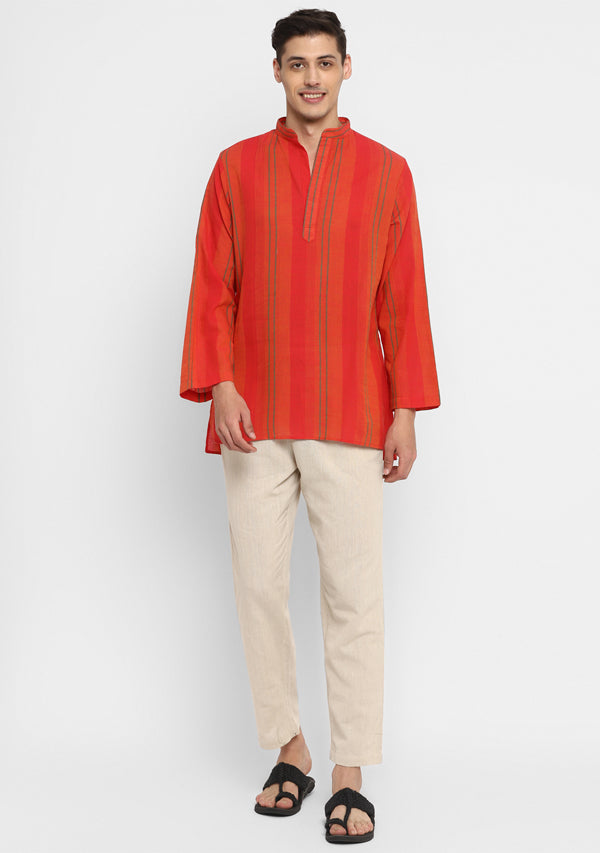 Orange Beige Hand Block Printed Cotton Shirt and Pyjamas For Men