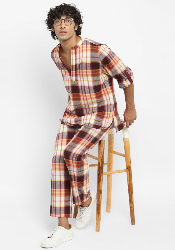 uNidraa| Flannel Green Maroon Checked Shirt and Pyjamas For Men