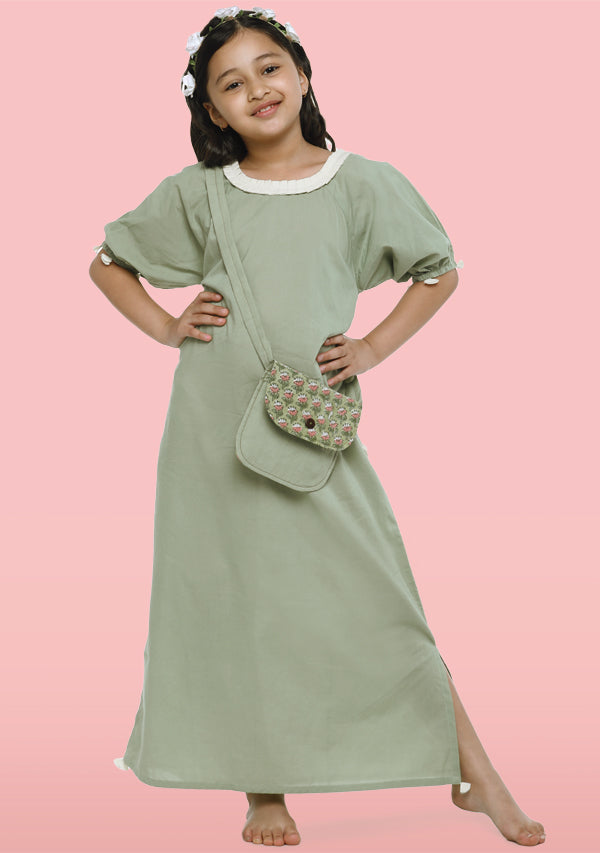 Green Cotton Nighty Dress With Trimmings And Sling Bag For Kids