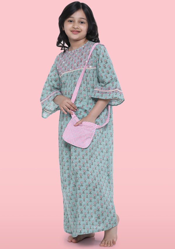 Blue Pink Flower Motif Hand Block Printed Cotton Nighty Dress With Tri