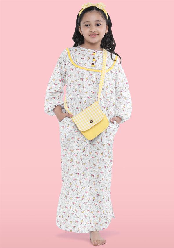 White Yellow Bird Motif Printed Cotton Nighty Dress With Sling Bag For